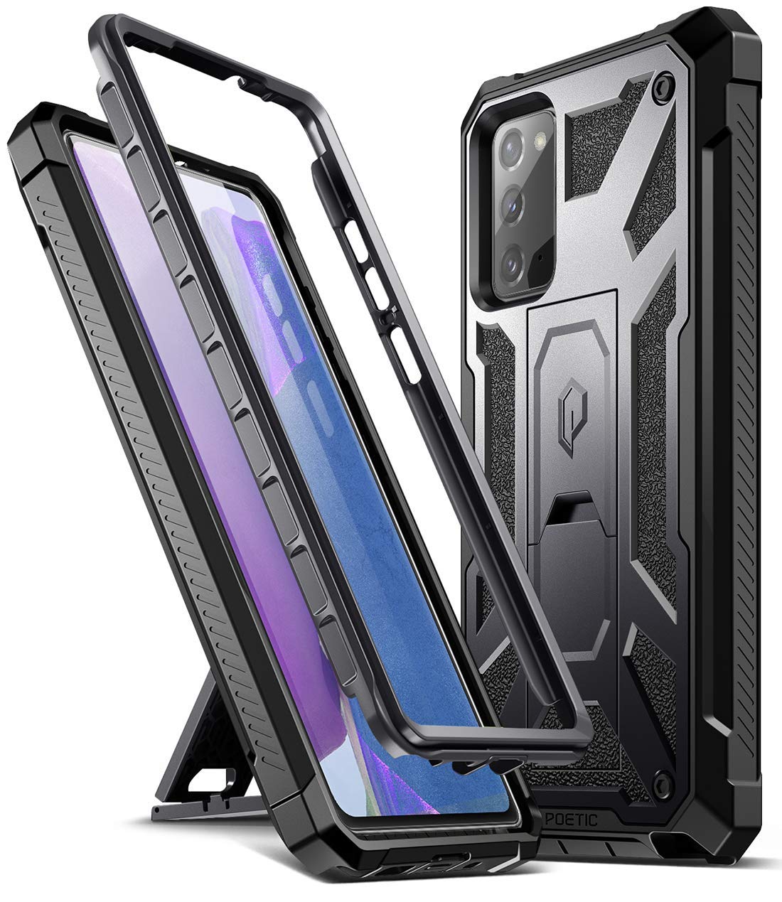 Poetic Spartan Series for Samsung Galaxy Note 20 Case, Full-Body Rugged Dual-Layer Metallic Color Accent with Premium Leather Texture Shockproof Protective Cover with Kickstand, Gun Metal