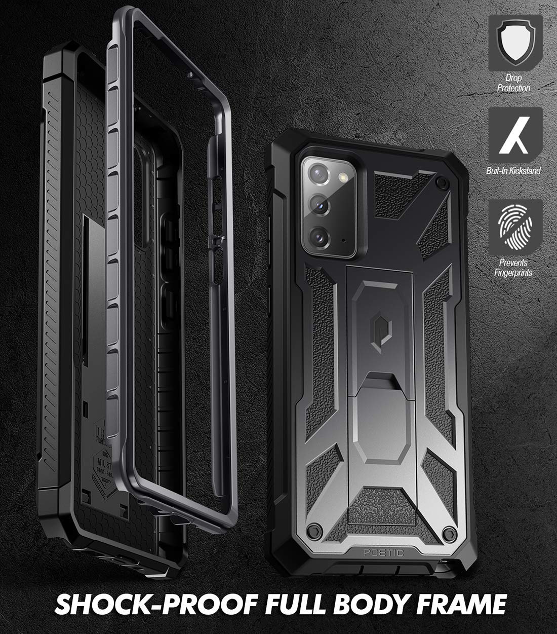 Poetic Spartan Series for Samsung Galaxy Note 20 Case, Full-Body Rugged Dual-Layer Metallic Color Accent with Premium Leather Texture Shockproof Protective Cover with Kickstand, Gun Metal