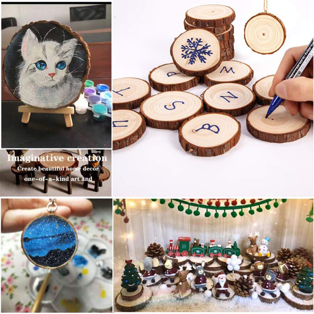 SENMUT Natural Wood Slices 20 Pcs 3.5-4 Inch Wooden Circles Crafts Wood Coaster Christmas Ornaments Unfinished Wood Rounds for Crafts and DIY Arts Wood Kit PreInstalled with Small Eye Screws