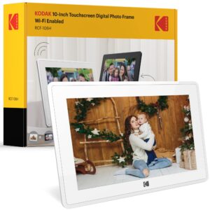 kodak 10-inch touch screen digital picture frame, wi-fi enabled with 16gb of internal memory, hd photo display and music/video support plus clock, calendar, weather and location updates - whilte