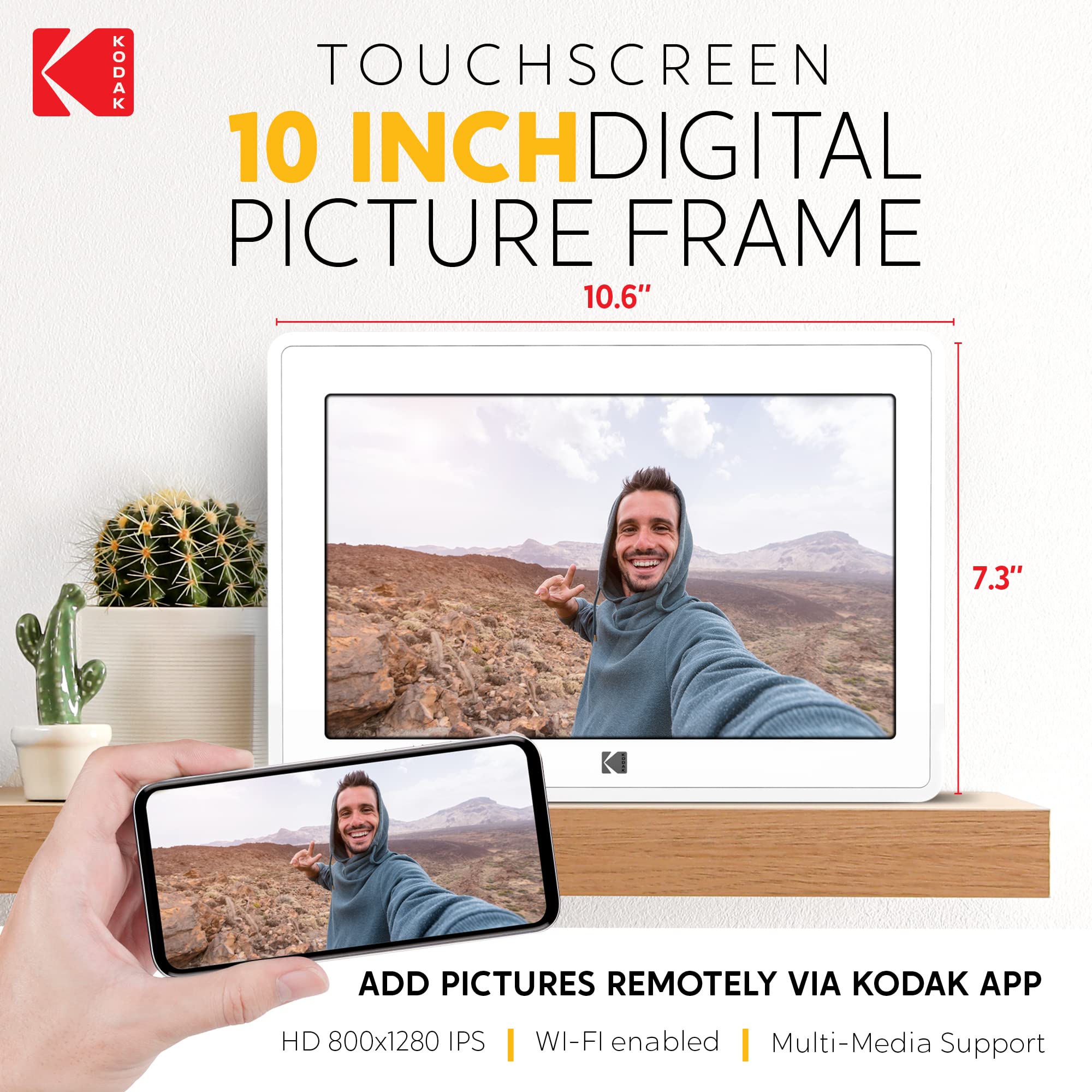 Kodak 10-Inch Touch Screen Digital Picture Frame, Wi-Fi Enabled with 16GB of Internal Memory, HD Photo Display and Music/Video Support Plus Clock, Calendar, Weather and Location Updates - Whilte