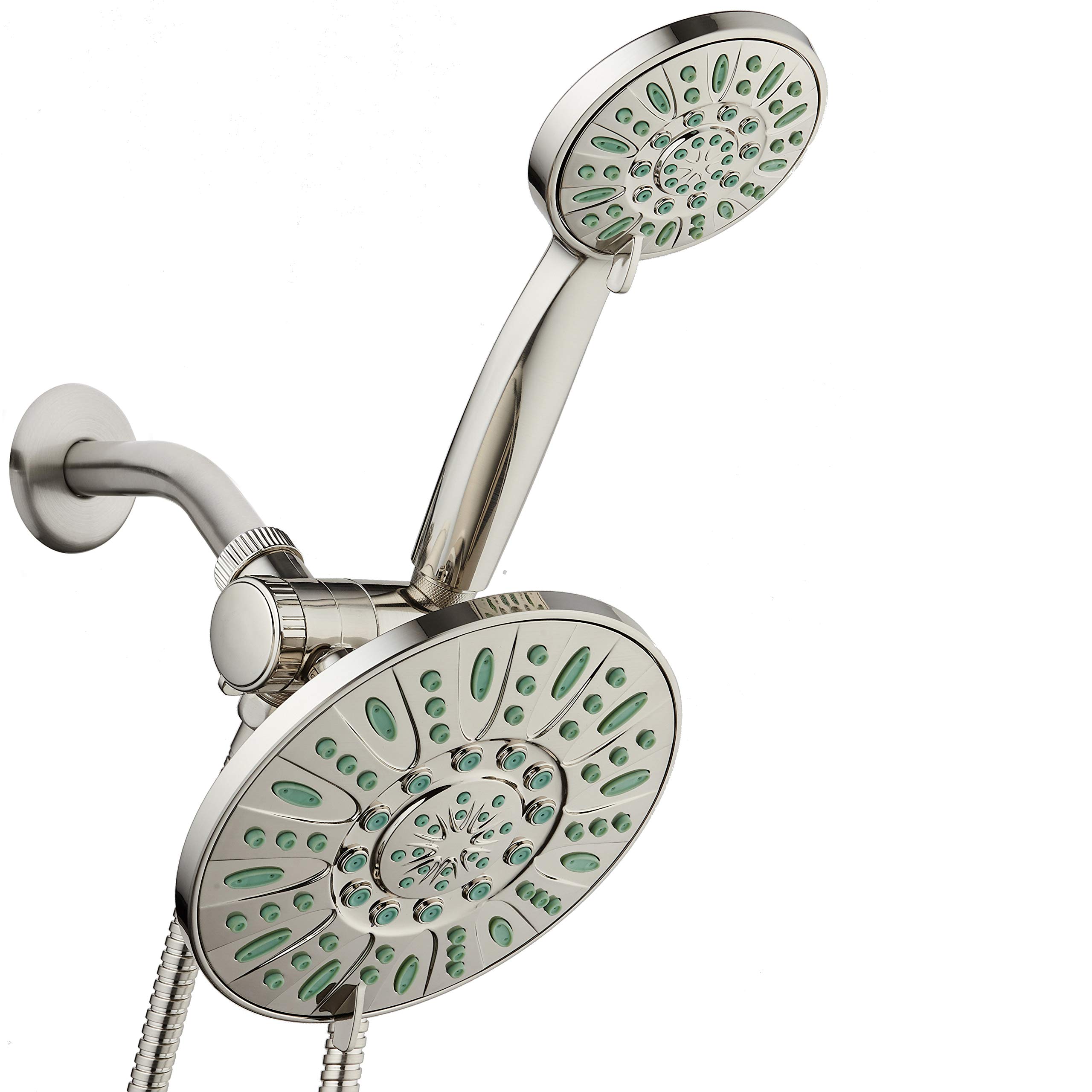 AquaDance Antimicrobial/Anti-Clog High-Pressure 30-setting Rainfall Shower Combo, Microban Nozzle Protection from Growth of Mold, Mildew & Bacteria, Brushed Nickel Finish/Coral Green Jets