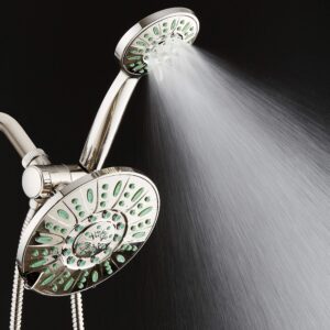 AquaDance Antimicrobial/Anti-Clog High-Pressure 30-setting Rainfall Shower Combo, Microban Nozzle Protection from Growth of Mold, Mildew & Bacteria, Brushed Nickel Finish/Coral Green Jets