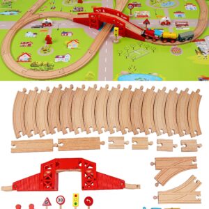 Wooden Train Set with Town Map-Shinington Railway Track Construction Building Toys for 3 Years Old Kids Boys Girls-Vehicles Transport Wooden Toys Gift for Toddlers 3 4 5 Years Old