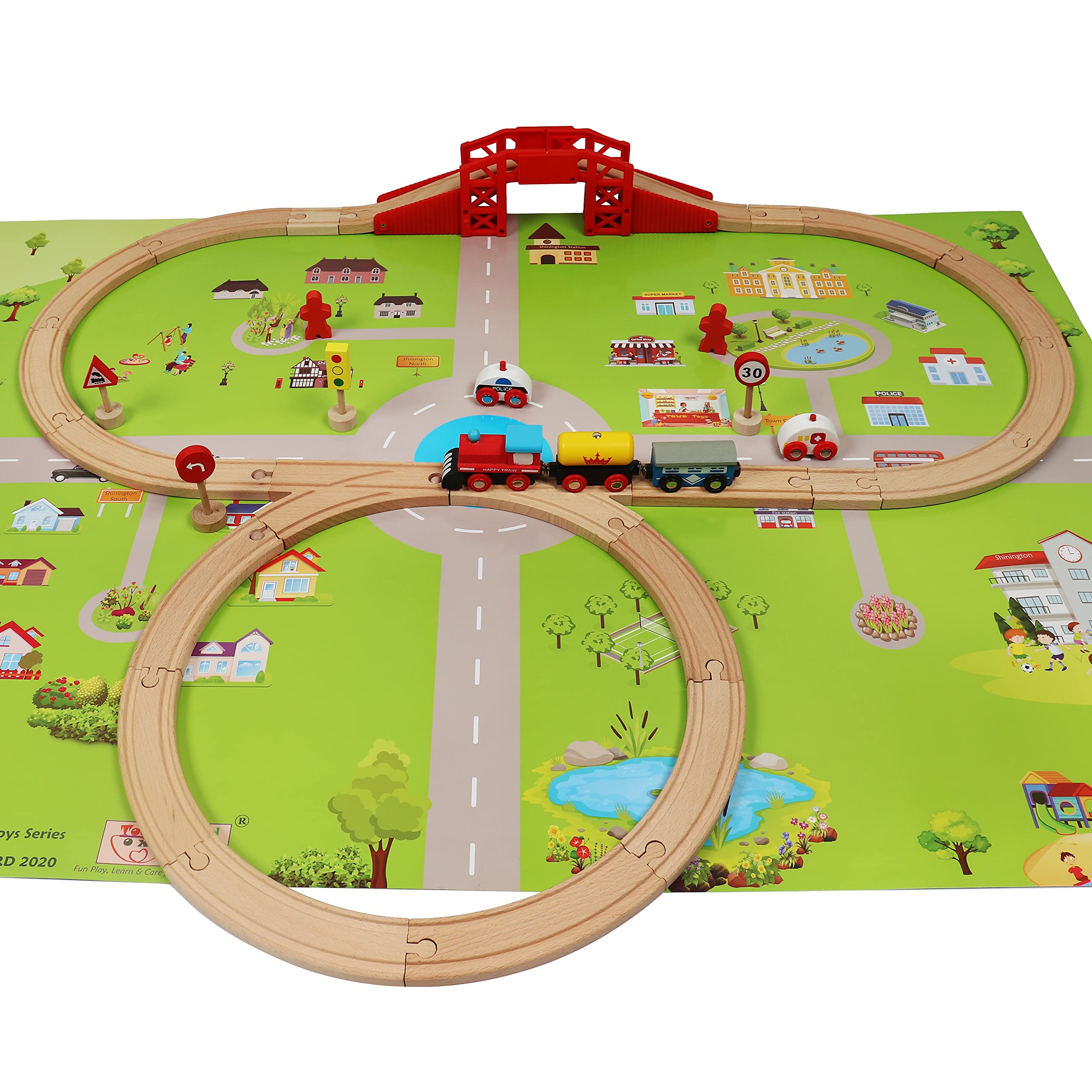 Wooden Train Set with Town Map-Shinington Railway Track Construction Building Toys for 3 Years Old Kids Boys Girls-Vehicles Transport Wooden Toys Gift for Toddlers 3 4 5 Years Old