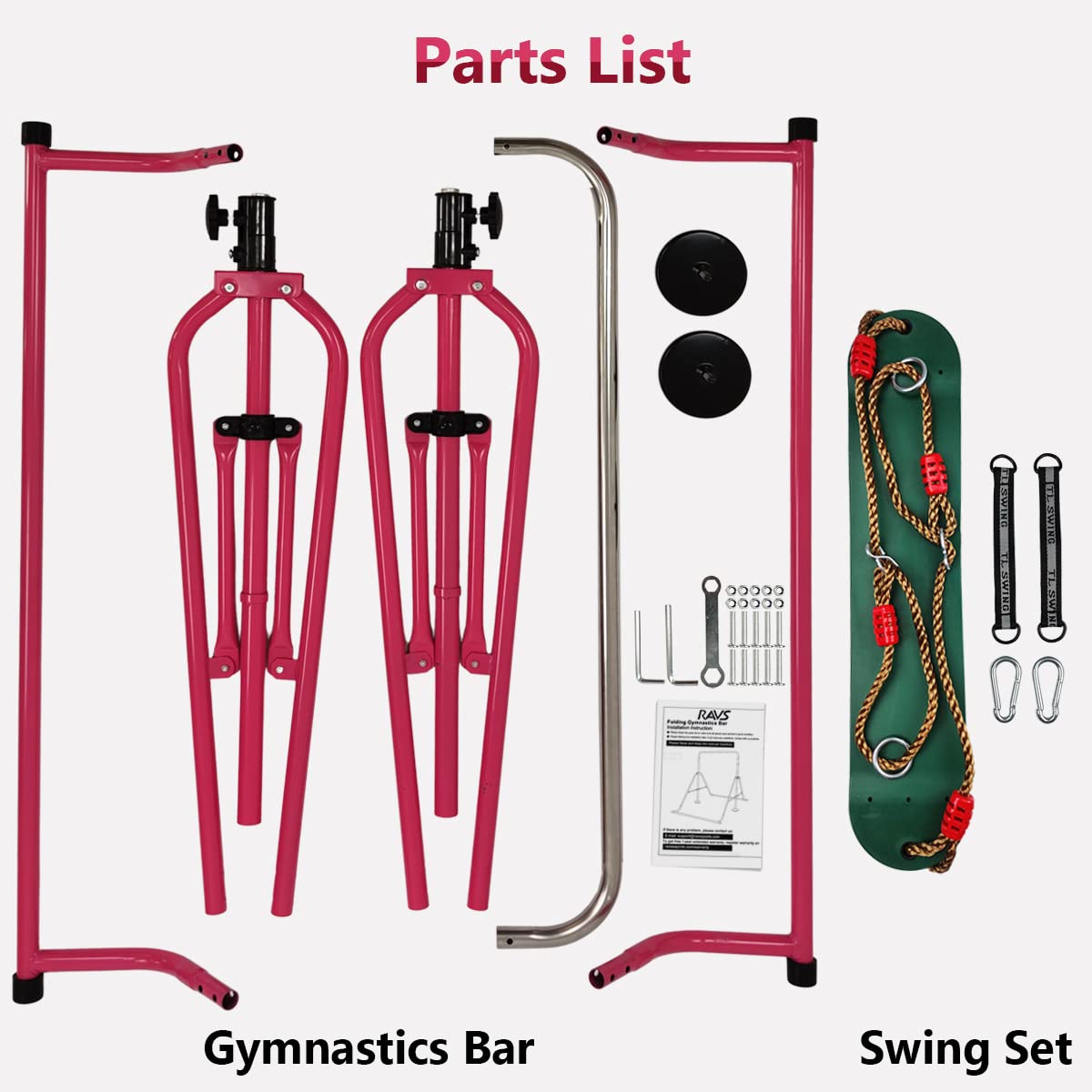 RAVS Gymnastics Bar for Kids with Swing Set Expandable Gymnastics Bars for Home 3' to 5' Adjustable Height Folding Gymnastics Training Bar Max Load 170LBS