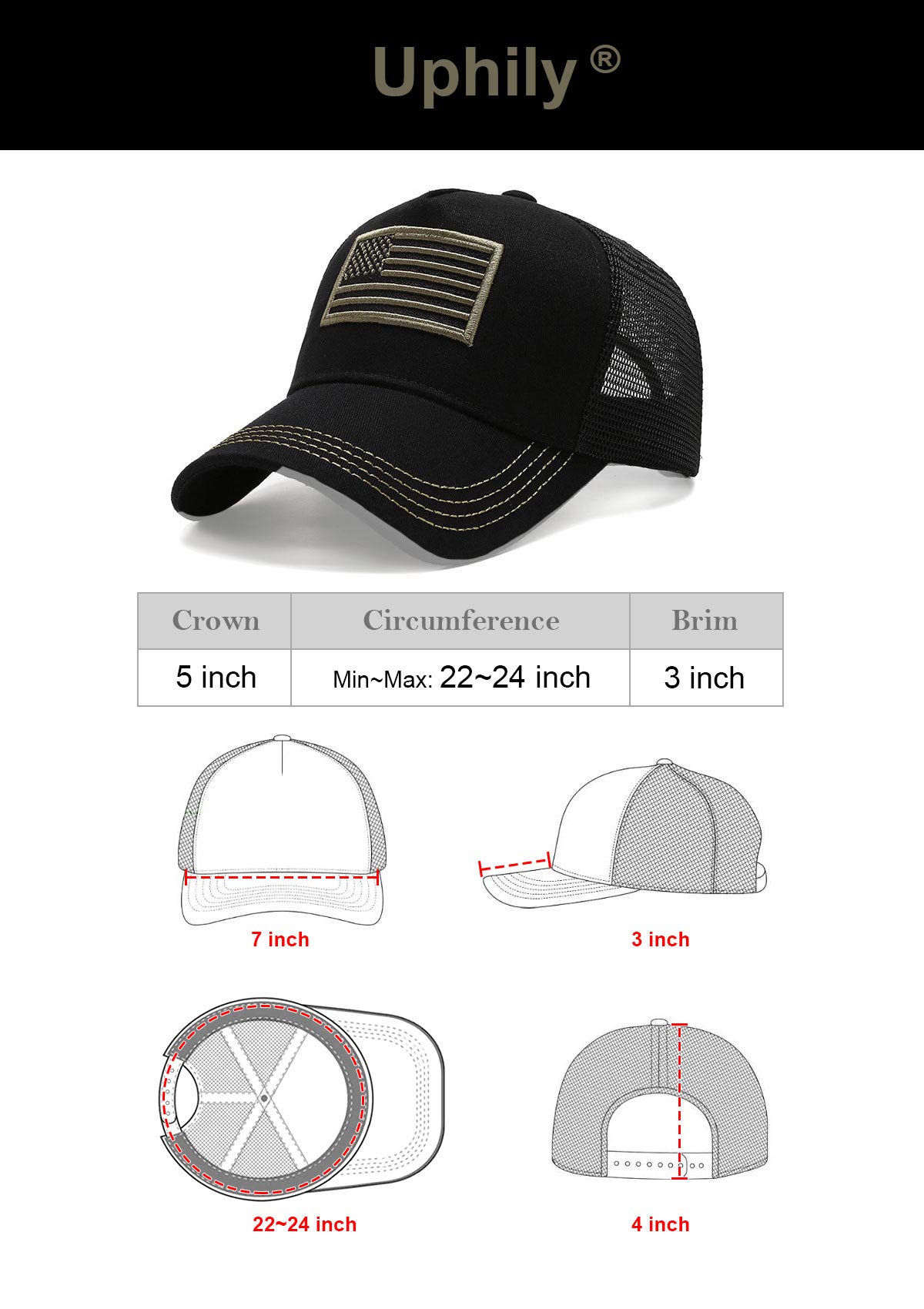 Uphily Black US American Flag Trucker Cap - Mid Profile Curved Bill Patriotic Mesh Dad Hat for Men Women