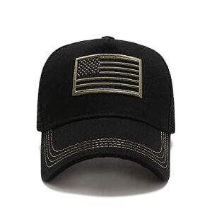 Uphily Black US American Flag Trucker Cap - Mid Profile Curved Bill Patriotic Mesh Dad Hat for Men Women