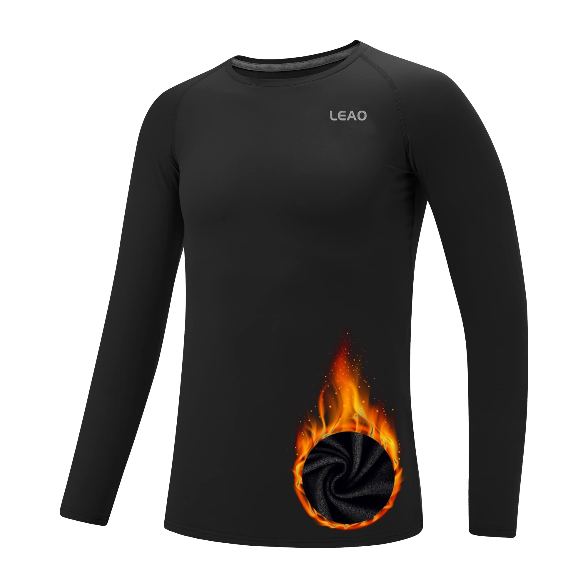 LEAO Youth Boys Compression Shirt Long Sleeve Fleece Quick Dry Sports Baselayer Soccer Baseball Basketball Undershirt Black S