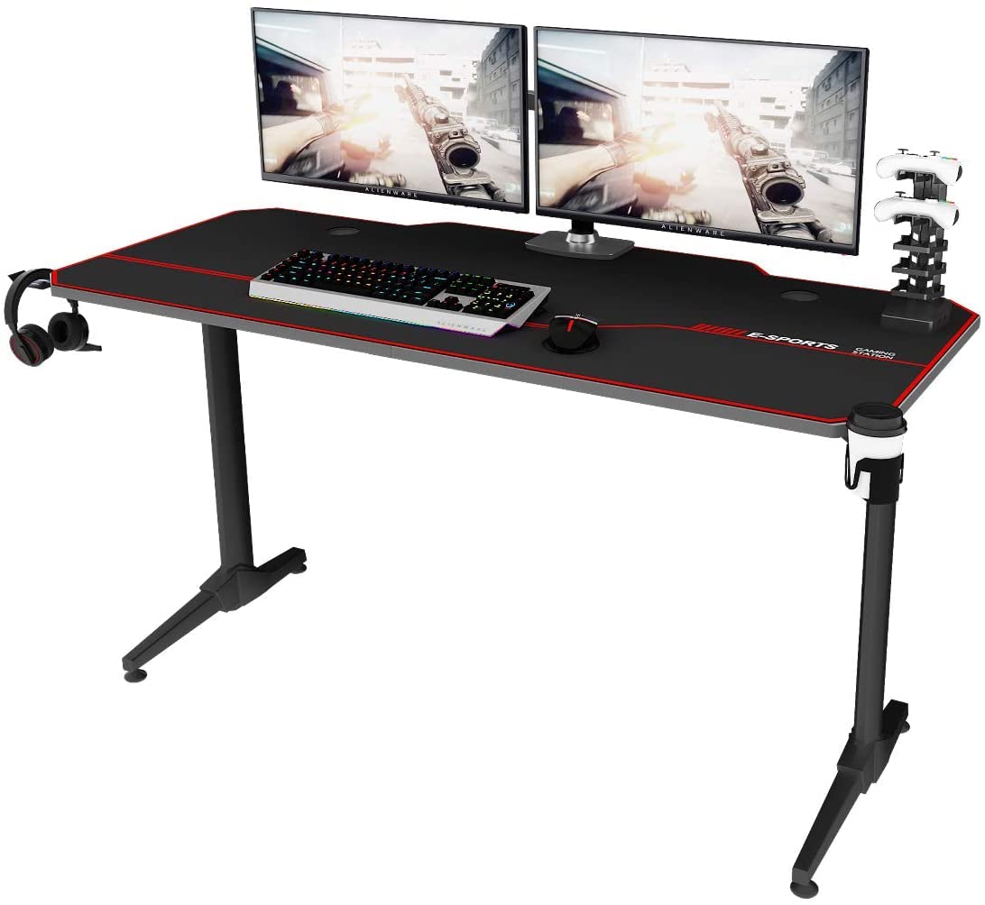 SogesHome 55 inch Gaming Desk with Cup Holder, Computer Desk Pro Gamer Desk Headphone Rack, PC Office Tables with USB Charger