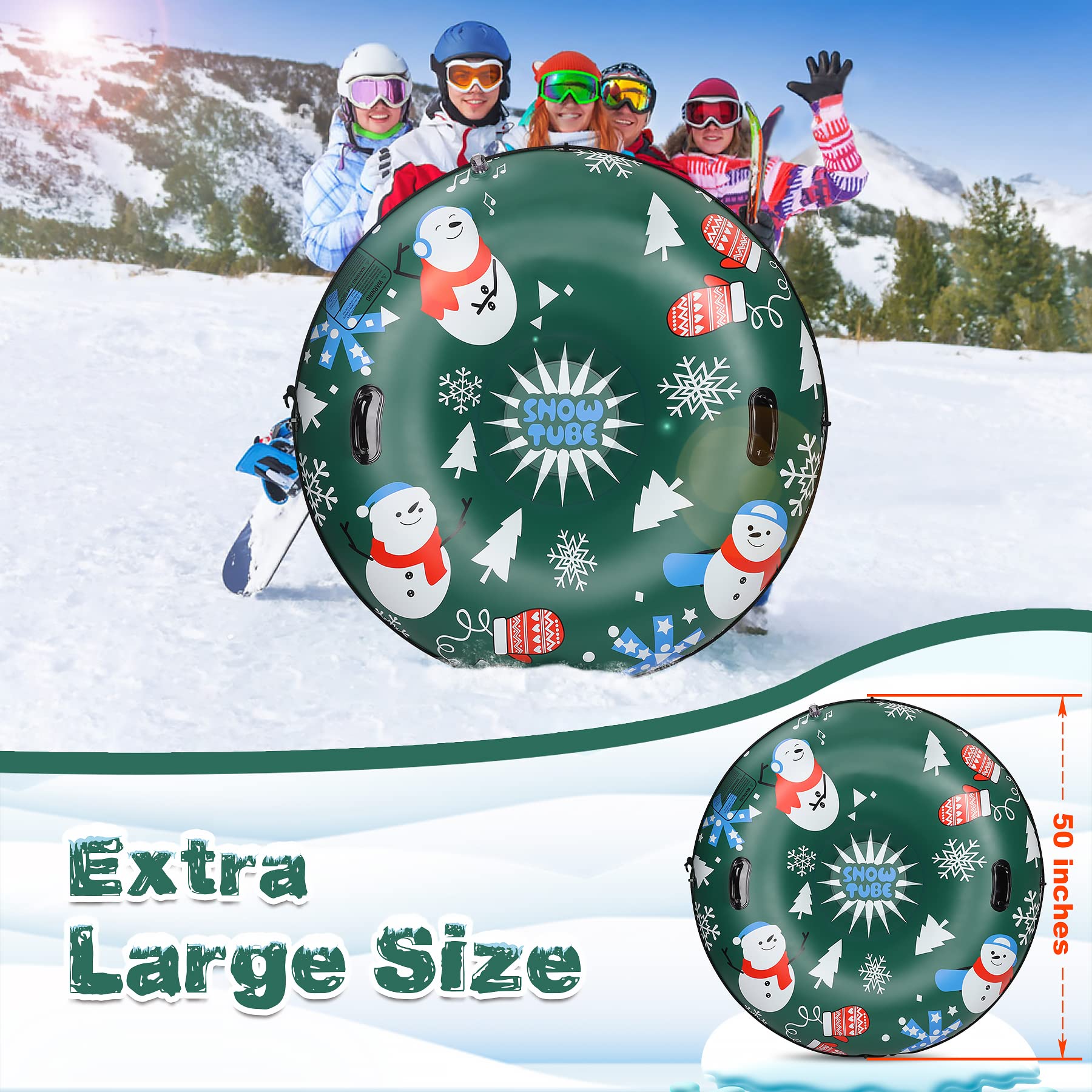 Upgraded 50 Inch Snow Tube with Thicker K80 Military Grade Material and Sturdy Handles Heavy Duty Inflatable Sled Toboggan Sledding Equipment for Kids and Adults Snow Toys for Winter Outdoor Fun