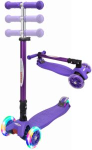 chromewheels scooters for kids, deluxe kick scooter foldable 4 adjustable height 132lbs weight limit 3 wheel, lean to steer led light up wheels, best gifts for girls boys age 3-12 year old, purple