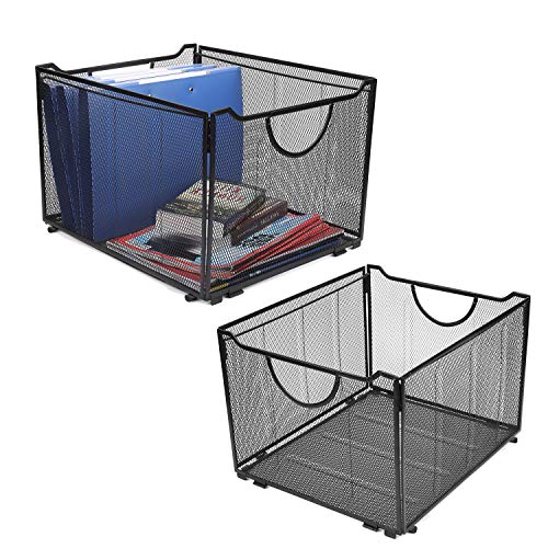 Flexzion File Folder Box (2 Pack) Metal Mesh Filling Holder Rack for Hanging Legal Letter Size Folders, Storage Basket with Handle, Collapsible Container Bin, Foldable Crate for Desktop Home Office