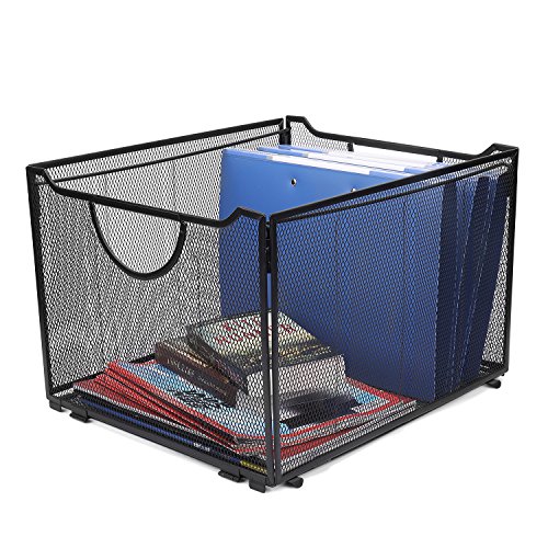 Flexzion File Folder Box (2 Pack) Metal Mesh Filling Holder Rack for Hanging Legal Letter Size Folders, Storage Basket with Handle, Collapsible Container Bin, Foldable Crate for Desktop Home Office