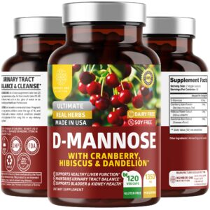 number one nutrition premium d mannose with cranberry and hibiscus [max strength, 1350mg] naturally supports urinary tract health, flush impurities and bladder health, 120 veg caps