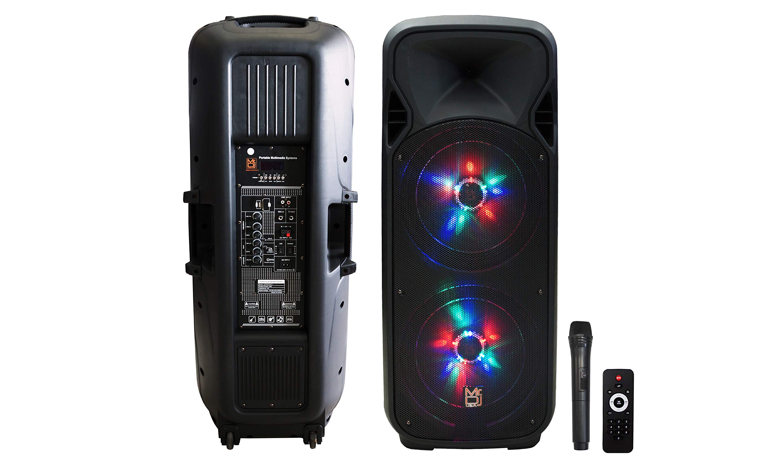 Mr. Dj AFTER PARTY Dual 15" 5000 Watt Max Power Speaker with Built-in Bluetooth & Battery LCD/MP3/USB/SD Slot