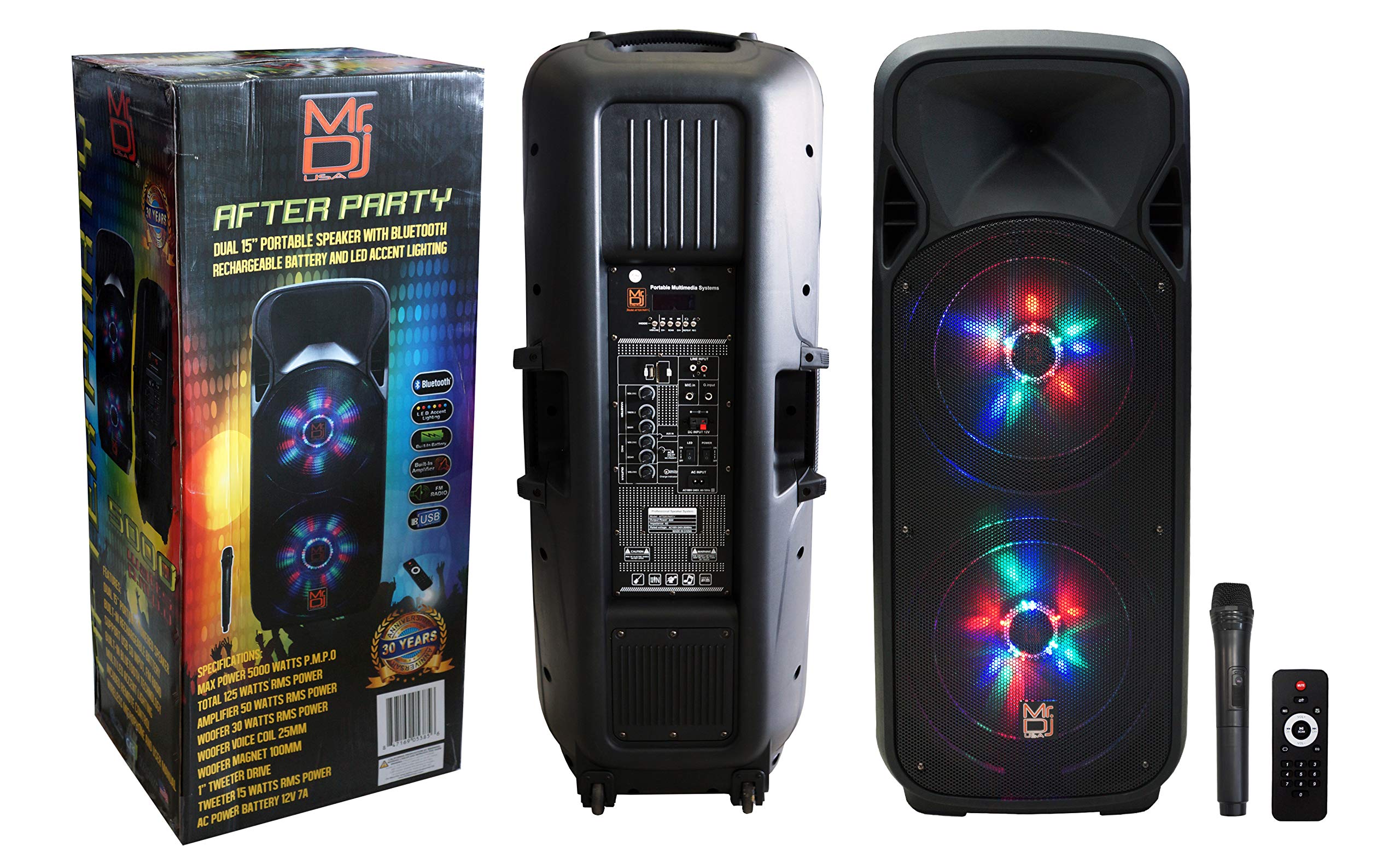 Mr. Dj AFTER PARTY Dual 15" 5000 Watt Max Power Speaker with Built-in Bluetooth & Battery LCD/MP3/USB/SD Slot