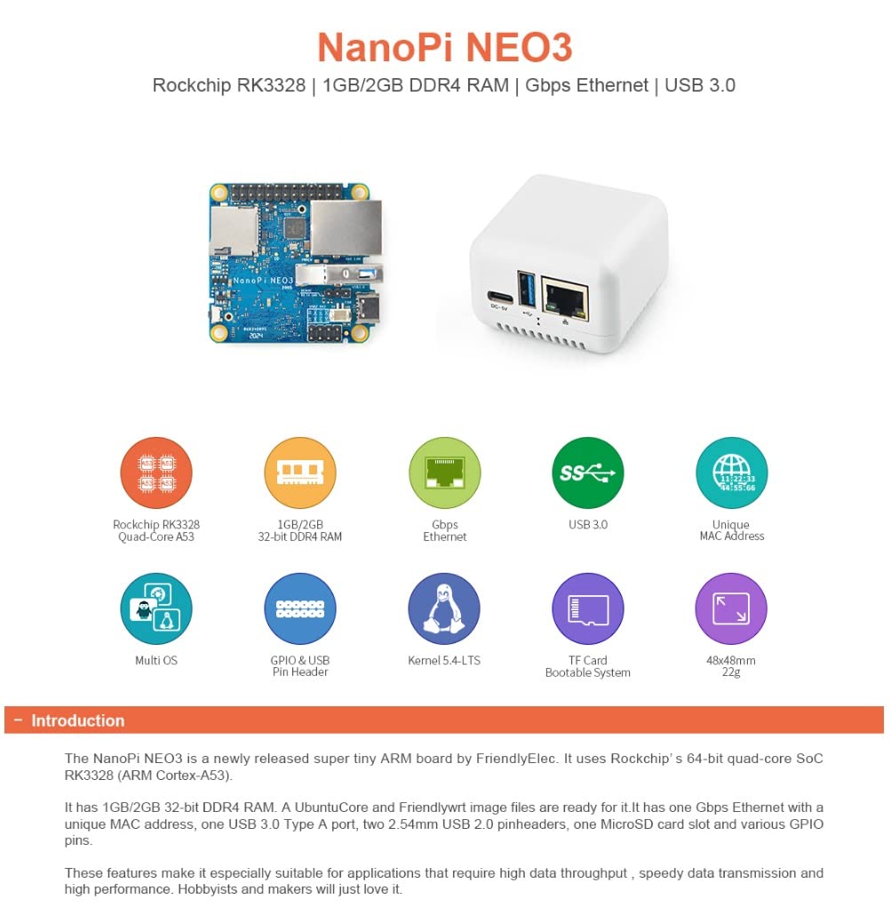 FriendlyElec NanoPi NEO3 Rockchip RK3288 Tiny ARM Single Board Computer with 2GB RAM USB3.0,Gbps Ethernet and Unique MAC Address