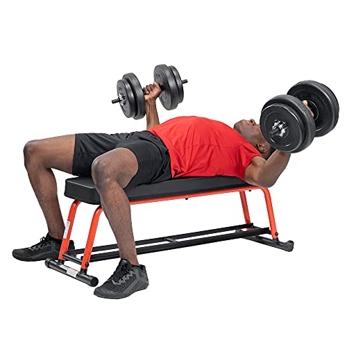 Sunny Health & Fitness Power Zone Strength Flat Bench with 550 LB Max Weight, Dumbbell Rack and Transport Wheels - SF-BH6996, Black