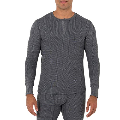 Fruit of the Loom Men's Recycled Waffle Thermal Underwear Henley Top (1 and 2 Packs), Greystone Heather, Large