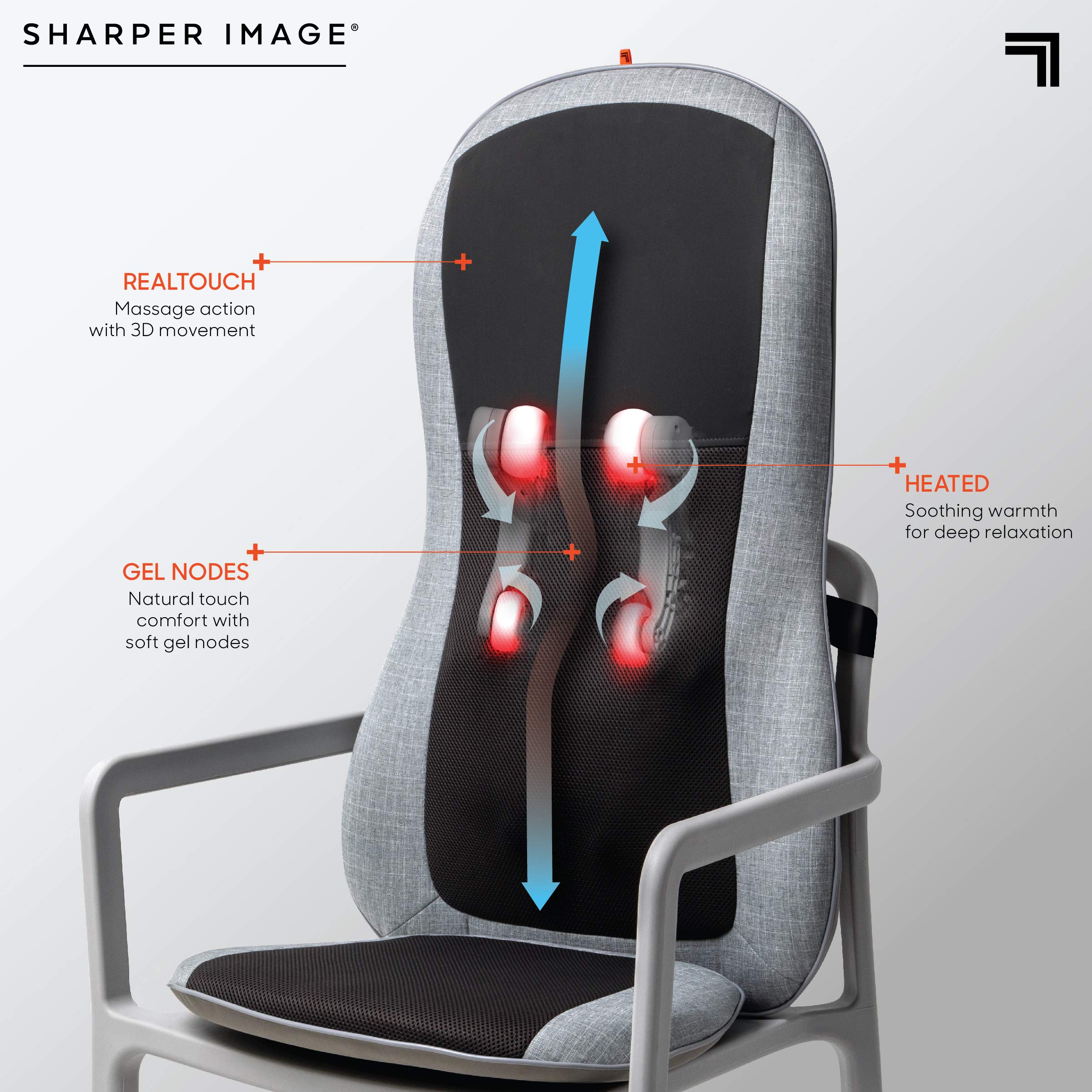 Sharper Image Smartsense Shiatsu Realtouch Chair Pad, Soothing Heat, 4 Deep Kneading Gel Nodes, Pain Relief for Neck, Back, Shoulders, Lumbar, Pressure Points Body Scan