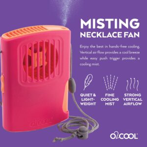 O2COOL Misting Necklace Fan - Portable, Battery Operated with Powerful Vertical Air Flow for Quiet Hands Free Cooling and Personal Travel (Raspberry)