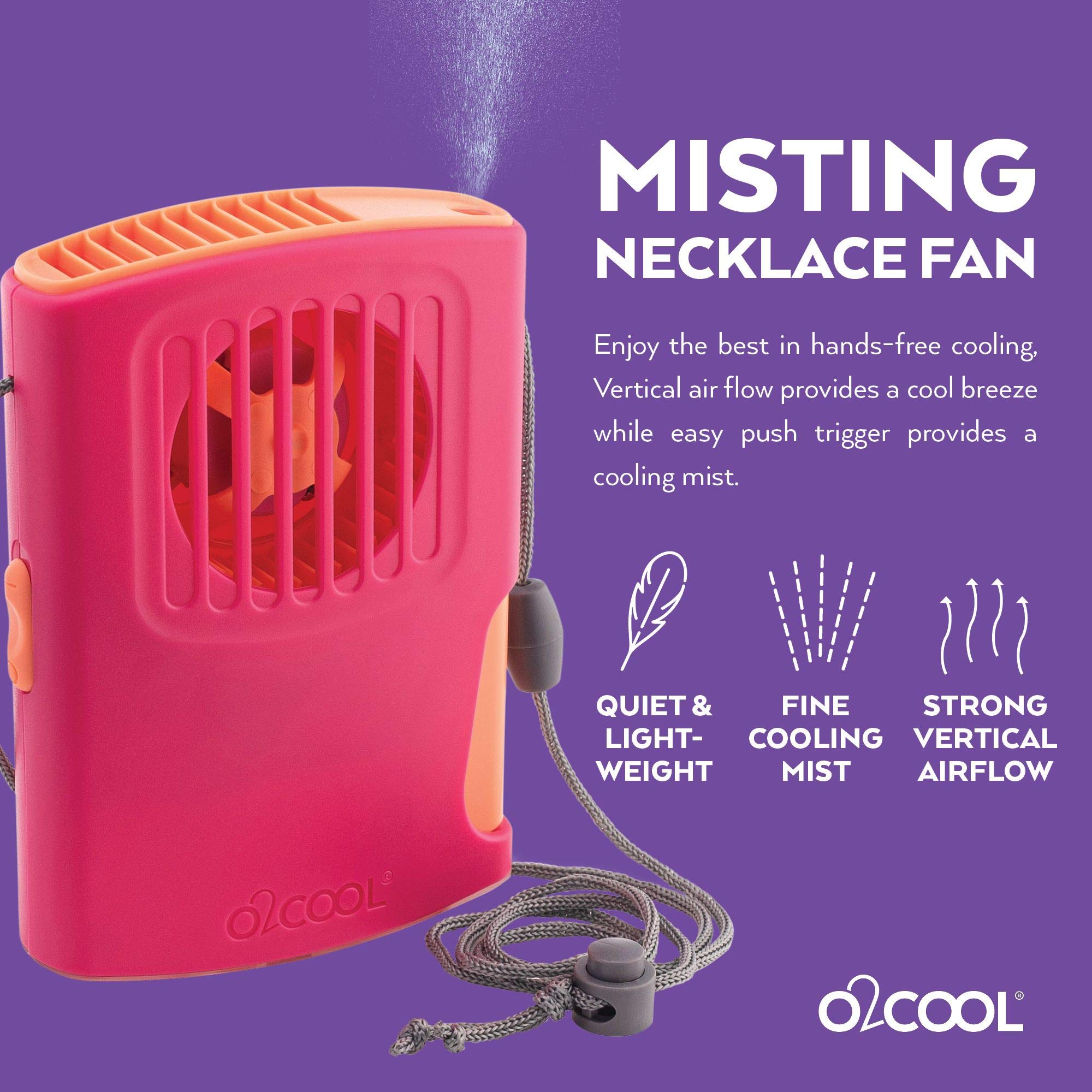 O2COOL Misting Necklace Fan - Portable, Battery Operated with Powerful Vertical Air Flow for Quiet Hands Free Cooling and Personal Travel (Raspberry)