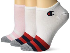 champion women's 3-pack super no show w/embroidery socks, pink/white/white stripes, 5-9