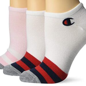 Champion Women's 3-Pack Super No Show w/Embroidery Socks, Pink/White/White Stripes, 5-9