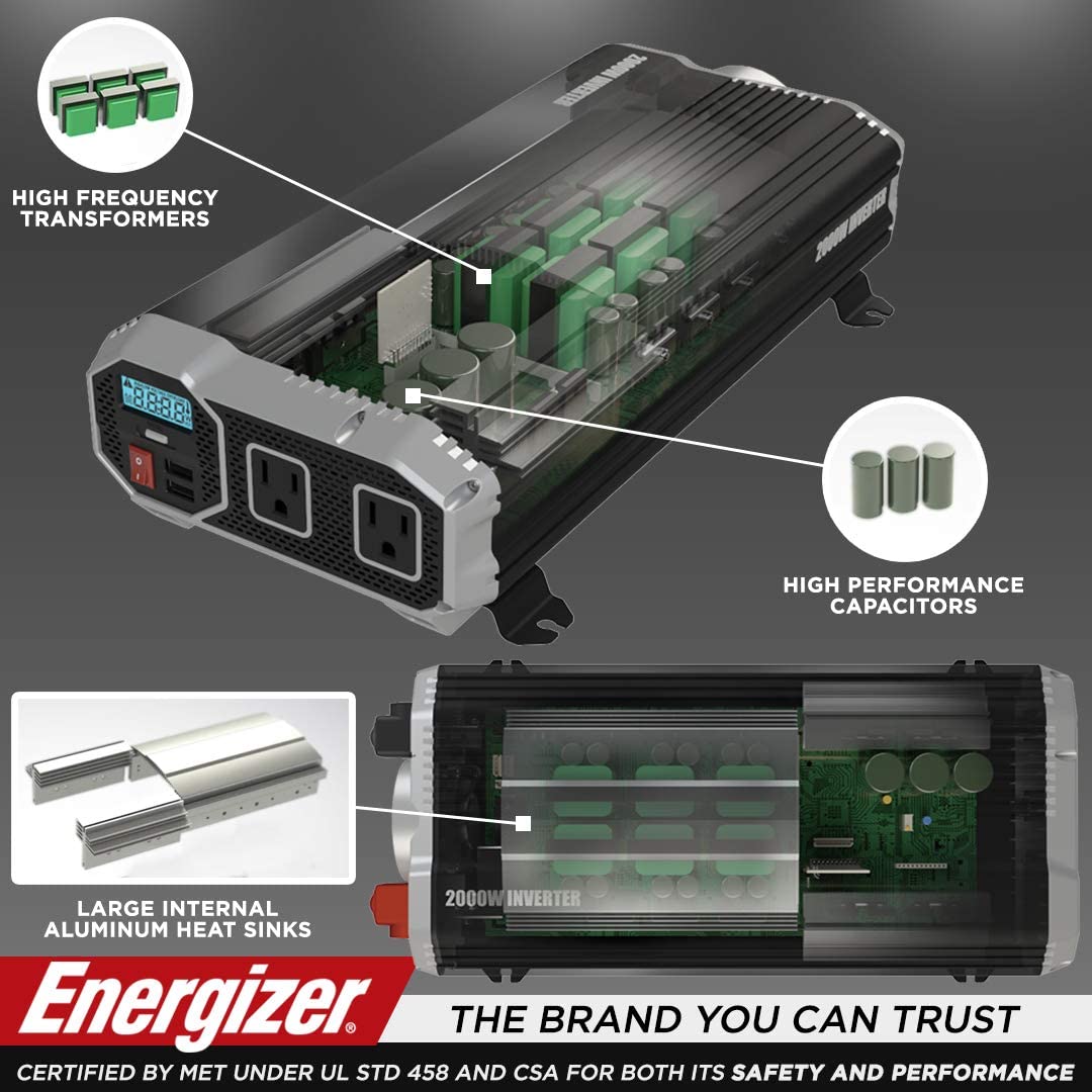 Energizer 2000 Watts Power Inverter Modified Sine Wave Car Inverter, 12v to 110v, Two AC Outlets, Two USB Ports (2.4 Amp), DC to AC Converter, Battery Cables Included – ETL Approved Under UL STD 458