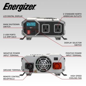 Energizer 2000 Watts Power Inverter Modified Sine Wave Car Inverter, 12v to 110v, Two AC Outlets, Two USB Ports (2.4 Amp), DC to AC Converter, Battery Cables Included – ETL Approved Under UL STD 458