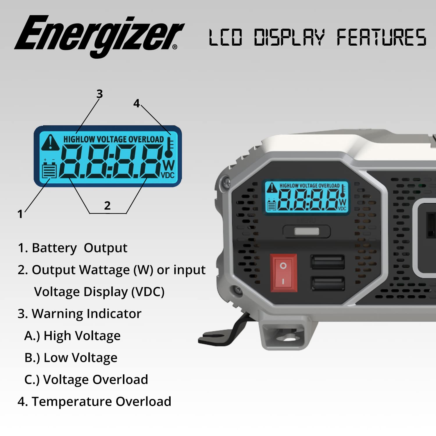 Energizer 2000 Watts Power Inverter Modified Sine Wave Car Inverter, 12v to 110v, Two AC Outlets, Two USB Ports (2.4 Amp), DC to AC Converter, Battery Cables Included – ETL Approved Under UL STD 458