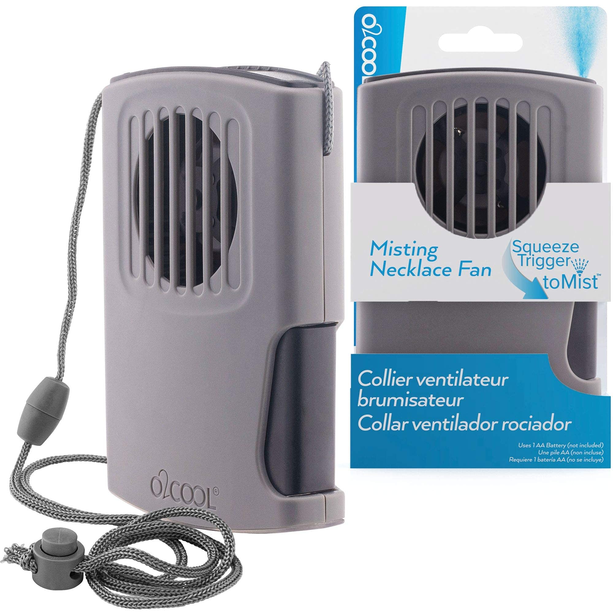 O2COOL Misting Neck Personal Travel Battery Powered Deluxe Cooling Fan, Single Pack (Gray)