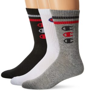 champion mens 3-pack 3 "ccc" logo crew sock, grey/white/black, 6 12 us