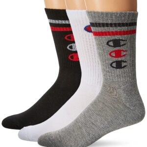 Champion mens 3-pack 3 "Ccc" Logo Crew Sock, Grey/White/Black, 6 12 US