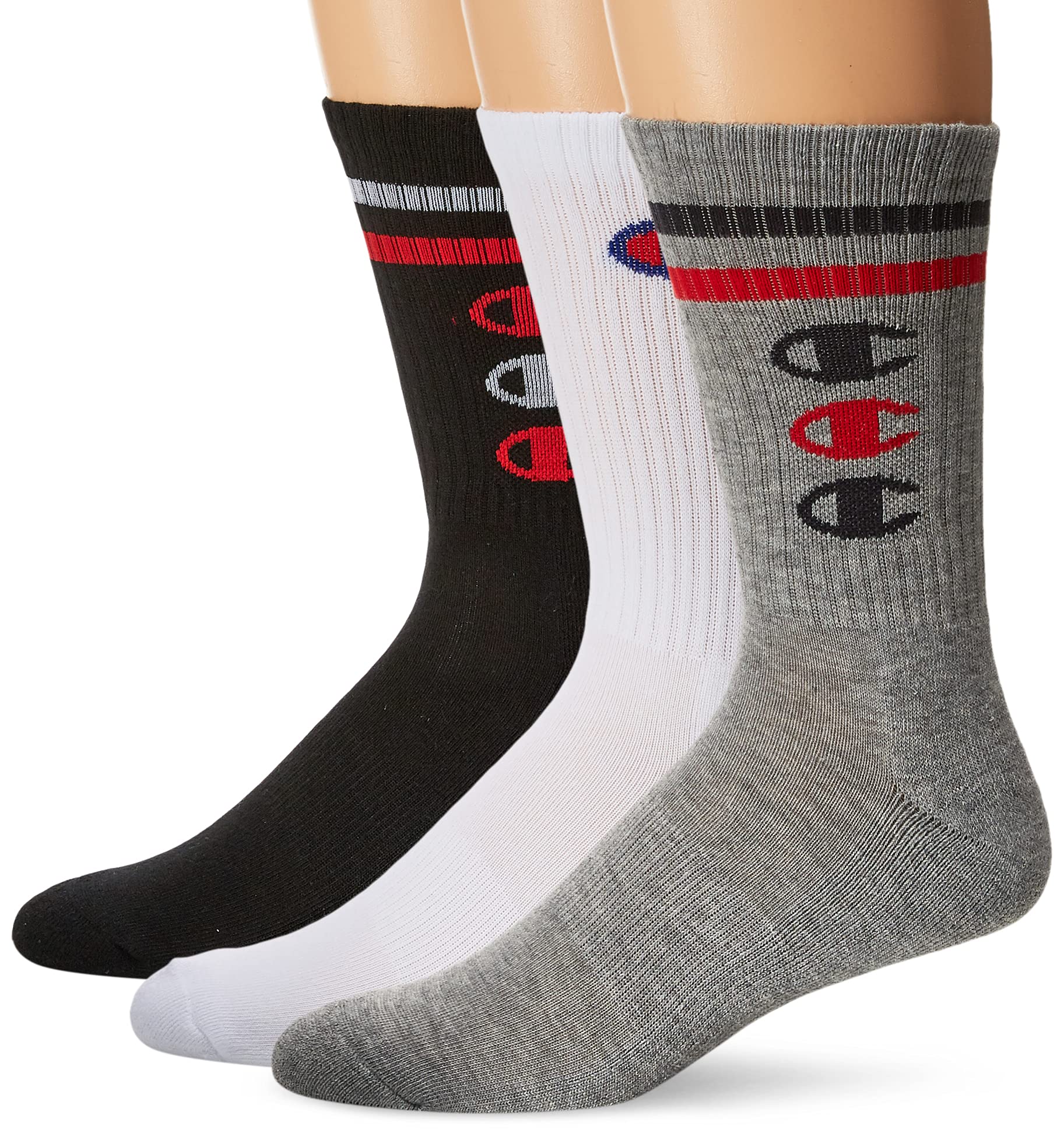 Champion mens 3-pack 3 "Ccc" Logo Crew Sock, Grey/White/Black, 6 12 US