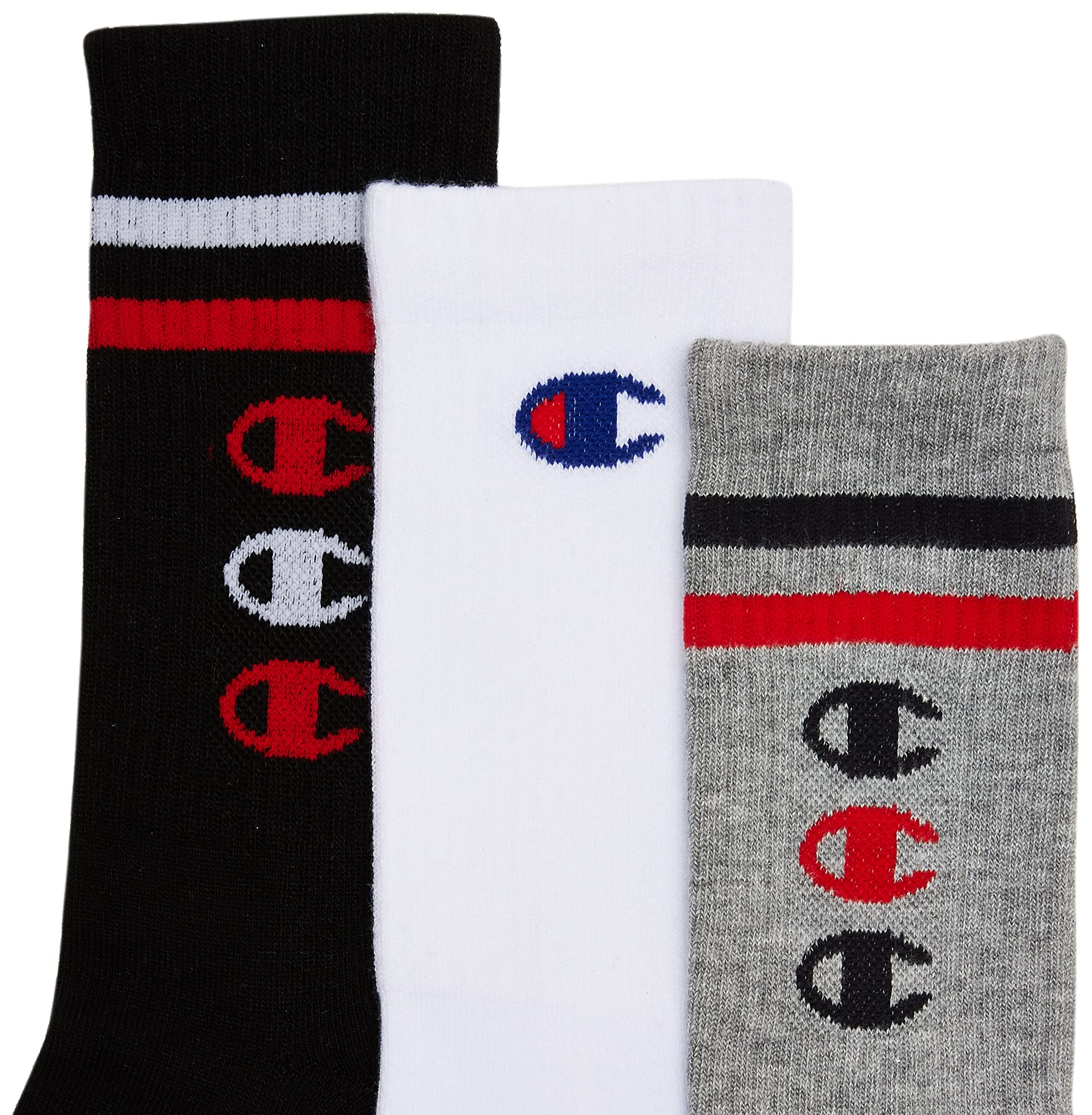 Champion mens 3-pack 3 "Ccc" Logo Crew Sock, Grey/White/Black, 6 12 US