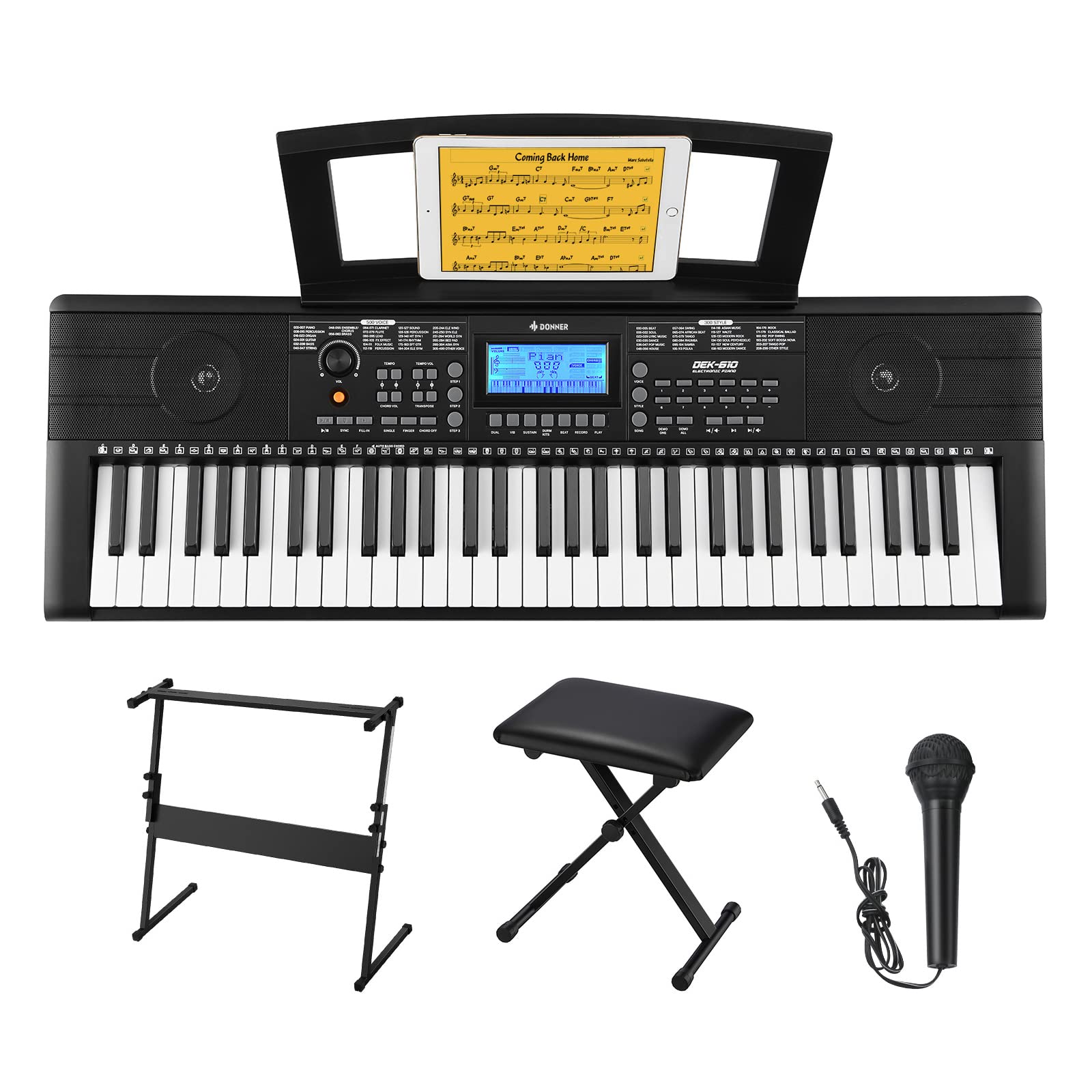 Donner 61-Key Electric Piano Keyboard with Microphone, Stand & Stool - For Beginner/Professional