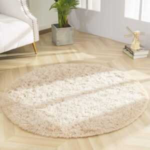 DETUM Soft Round Fluffy Bedroom Rugs for Girls Boys, Fuzzy Circle Area Rug for Nursery Playing Reading Room, Kids Room Carpets Shaggy Cute Rugs for Dorm Bedside Home Décor, 4 Feet, Beige