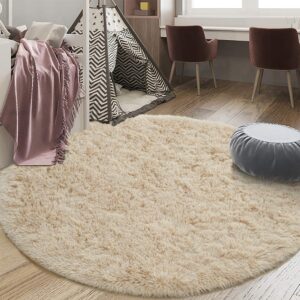 DETUM Soft Round Fluffy Bedroom Rugs for Girls Boys, Fuzzy Circle Area Rug for Nursery Playing Reading Room, Kids Room Carpets Shaggy Cute Rugs for Dorm Bedside Home Décor, 4 Feet, Beige