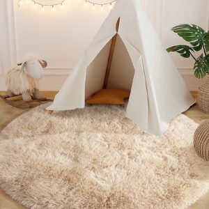 DETUM Soft Round Fluffy Bedroom Rugs for Girls Boys, Fuzzy Circle Area Rug for Nursery Playing Reading Room, Kids Room Carpets Shaggy Cute Rugs for Dorm Bedside Home Décor, 4 Feet, Beige