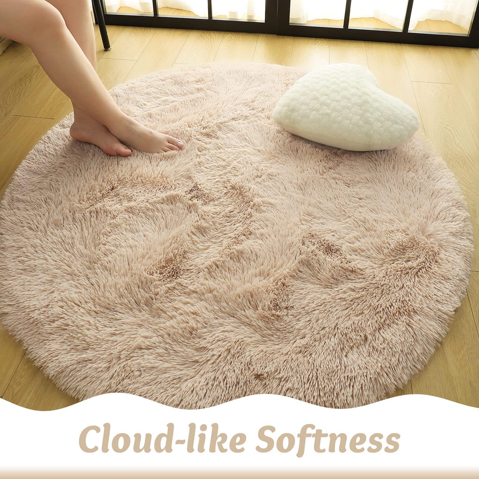 DETUM Soft Round Fluffy Bedroom Rugs for Girls Boys, Fuzzy Circle Area Rug for Nursery Playing Reading Room, Kids Room Carpets Shaggy Cute Rugs for Dorm Bedside Home Décor, 4 Feet, Beige