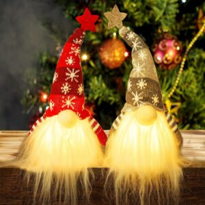 juegoal 11" lighted christmas gnome santa, light up elf holiday present, battery operated winter tabletop christmas decorations, 2 set