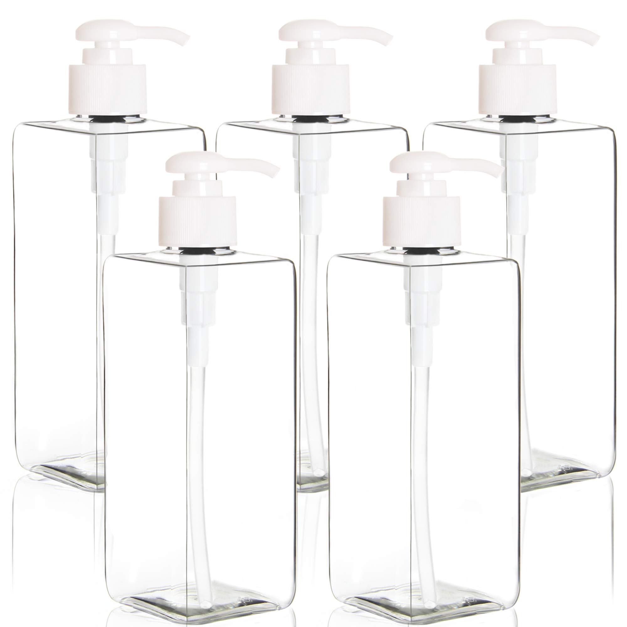 Youngever 5 Pack 16 Ounce Plastic Pump Bottles, Refillable Square Plastic Pump Bottles for Dispensing Lotions, Shampoos and More (Clear)