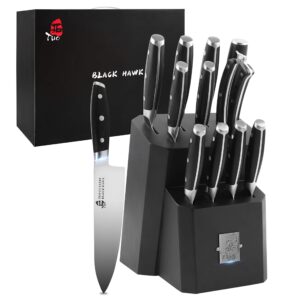 tuo kitchen knife set - 12 pcs knife set with wooden block - premium forged german stainless steel, ergonomic pakkawood handle - black hawk series with gift box