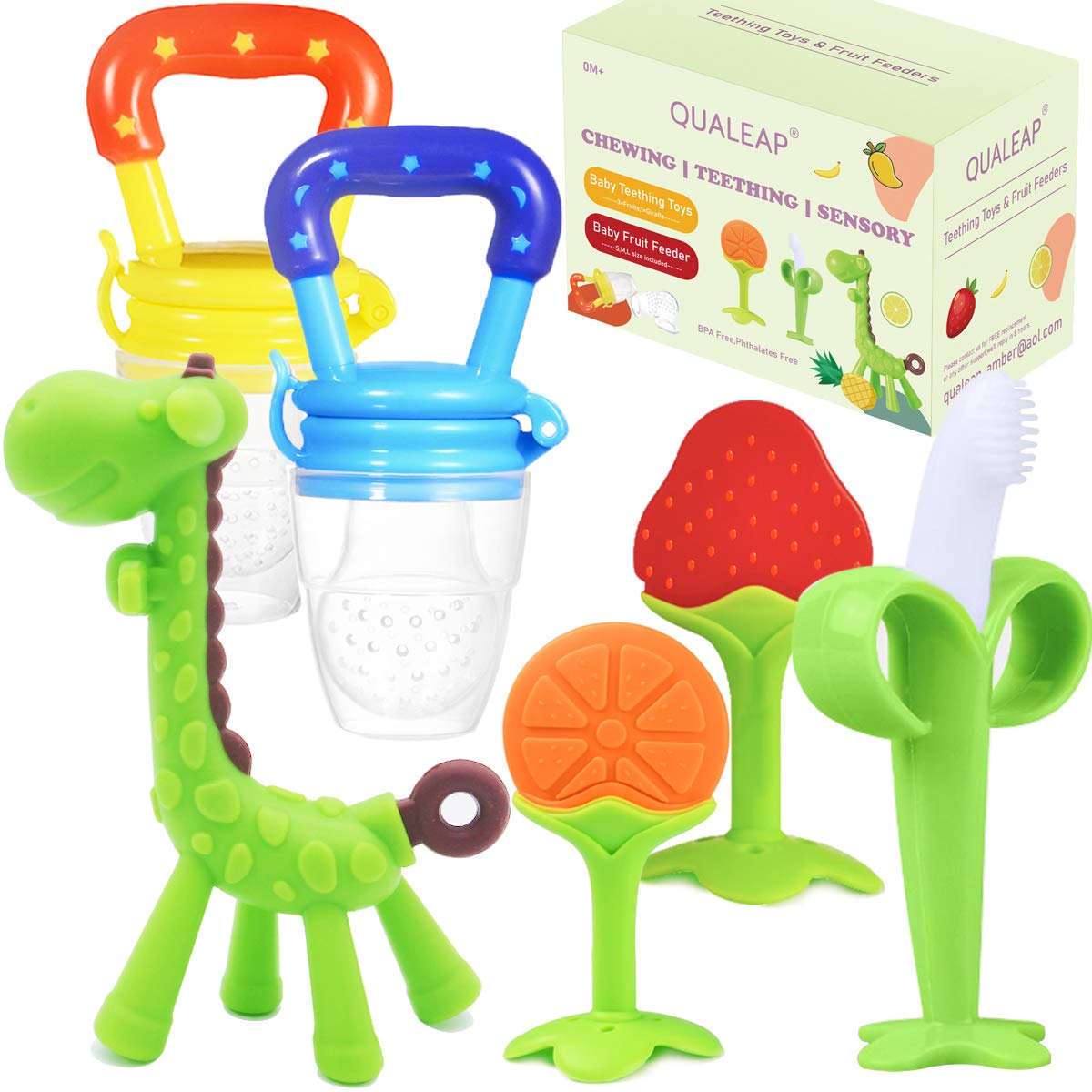 Stand-Up Teething Toys for Babies 0-6 Months 6-12 Months - Teethers with 2 × Baby Fruit Feeders and 4 × Baby Teether - BPA Free/Freezer Free - Different Soft Textures for Infant and Toddlers (Green)