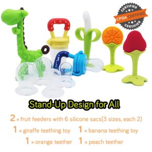 Stand-Up Teething Toys for Babies 0-6 Months 6-12 Months - Teethers with 2 × Baby Fruit Feeders and 4 × Baby Teether - BPA Free/Freezer Free - Different Soft Textures for Infant and Toddlers (Green)