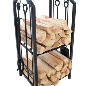 Everflying Fireplace Log Rack with 4 Tools Indoor Outdoor Fireside Firewood Holders Lumber Storage Stacking Black Wrought Iron Logs Bin Holder for Fireplace Tool