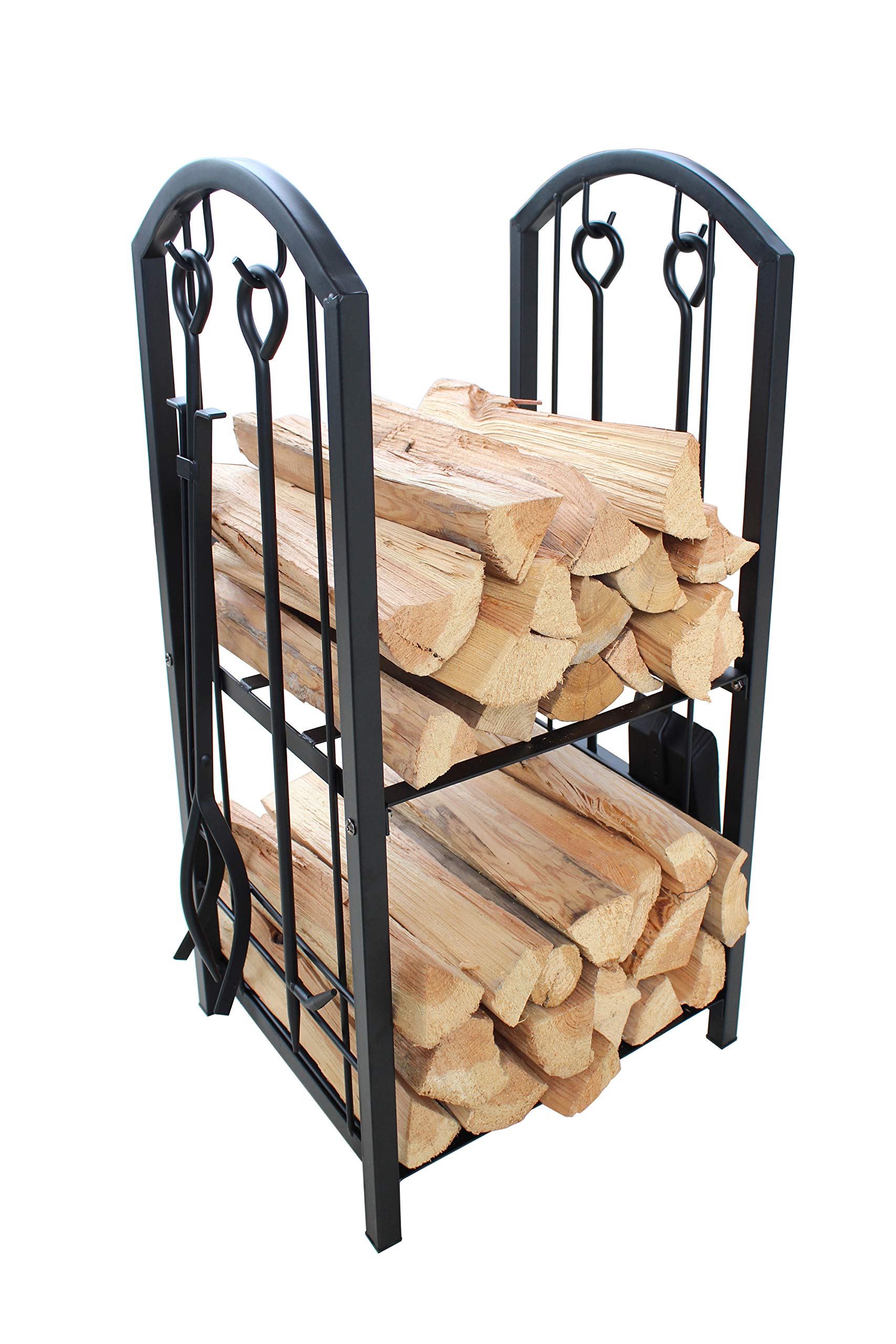 Everflying Fireplace Log Rack with 4 Tools Indoor Outdoor Fireside Firewood Holders Lumber Storage Stacking Black Wrought Iron Logs Bin Holder for Fireplace Tool