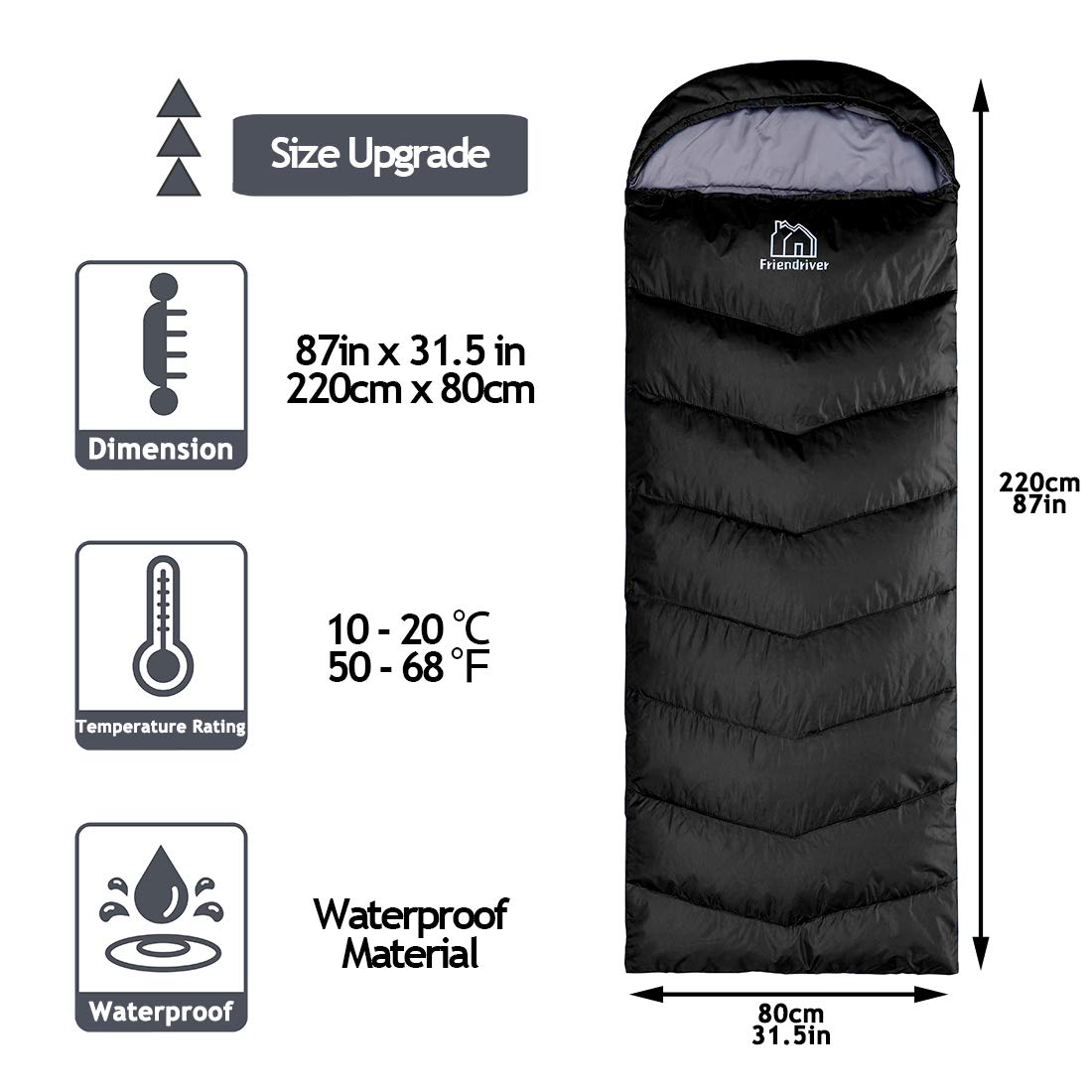 Friendriver XL Size Widened Upgraded Version of Camping Sleeping Bag 4 Seasons Warm and Cool, Lighter Weight, Adults and Children Can Use Waterproof Camping Bag, Travel and Outdoor Activities(Black)